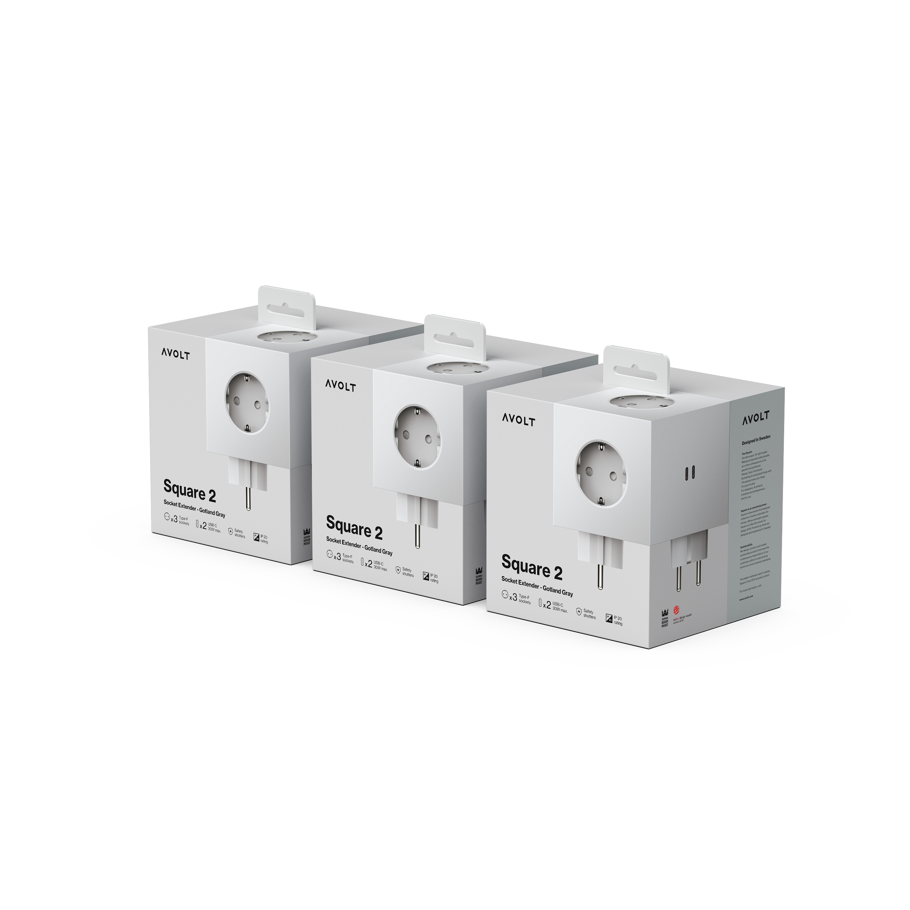 Square 2 USB-C Wall Power Strip 3-Pack – Gotland Gray – AVOLT